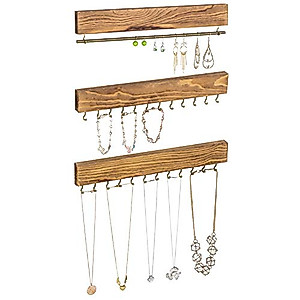 MyGift 6-Piece Burnt Wood Hanging Jewelry Organizer - Wall Mounted Bracelet and Necklace Holder Rack Set with Hooks and Hanger Bar