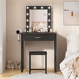 Titoni Makeup Vanity Desk with Mirror and Lights, Black Vanity Table and Chair Set, Brightness Adjustable, Small Vanity for Girls' Bedroom