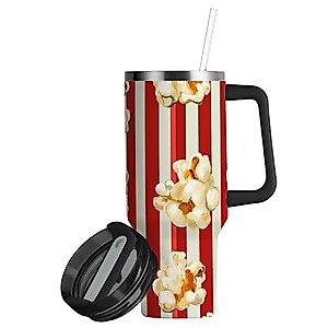 Selerdon 40 oz Tumbler Popcorn Red Striped with Handle and Straw Lid Vacuum Stainless Steel Insulated Water Bottle Travel Mug Car Cup Holder Friendly BPA Free for Gym Travel Office