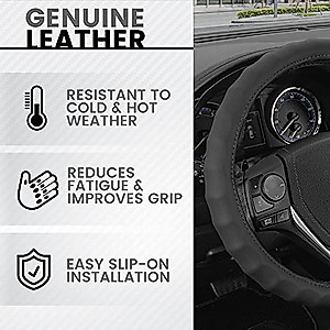 BDK Genuine Black Leather Steering Wheel Cover for Car, Large 15.5-16 inch – Ergonomic Comfort Grip for Men & Women, Car Steering Wheel Cover for Vehicles with Large Steering Wheels