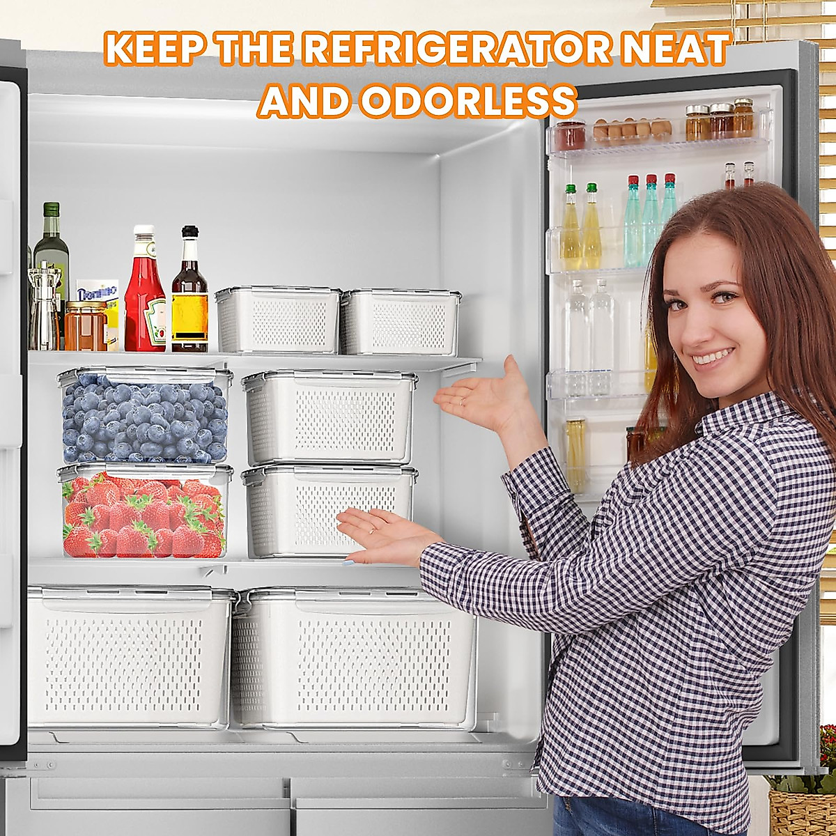 Yunaeduo Fruit Storage Containers for Fridge - 5PCS Food Storage Containers with Lids - Produce Containers for Fridge with Removable Colander - Keep Berry Fruit Vegetable Food Meat Fresh Longer