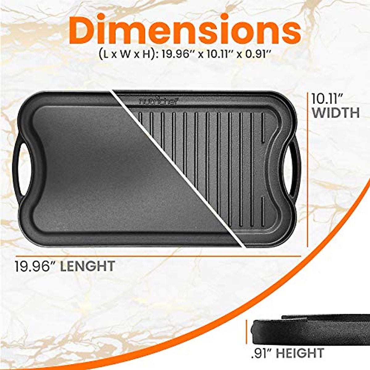 NutriChef Reversible Plate-PFOA & PFOS Free Oven Safe Flat Cast Iron Skillet Griddle Grilling Pan w/Scraper for Electric Stovetop, Ceramic NCCIRG64, BLACK