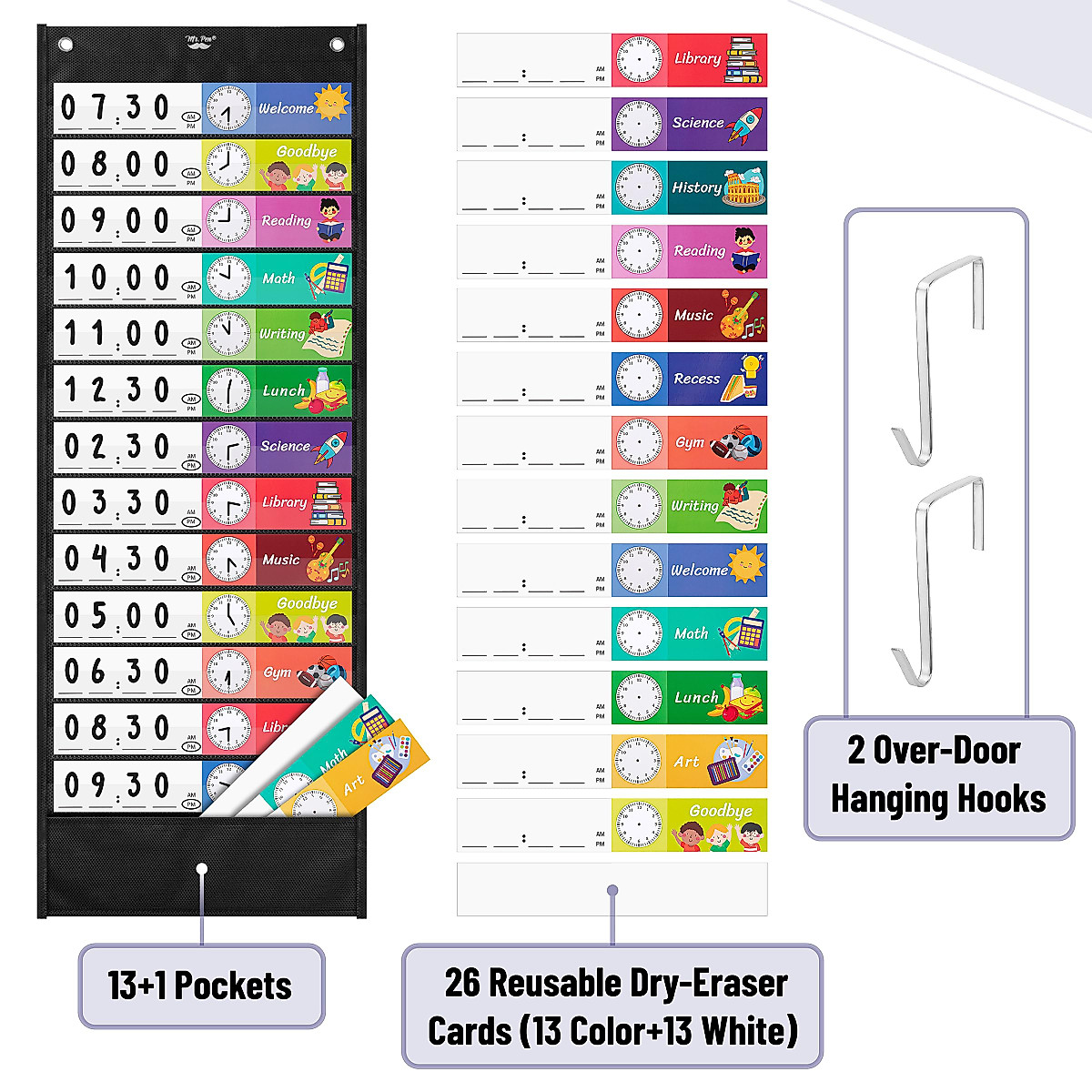 Mr. Pen- Daily Schedule Pocket Charts, 13+1 Pocket, 26 Double Sided Reusable Cards(13 Colored+13 Blanked), 12.8”x35” Pocket Chart for Classroom, Classroom Pocket Chart, Classroom Schedule Pocket Chart