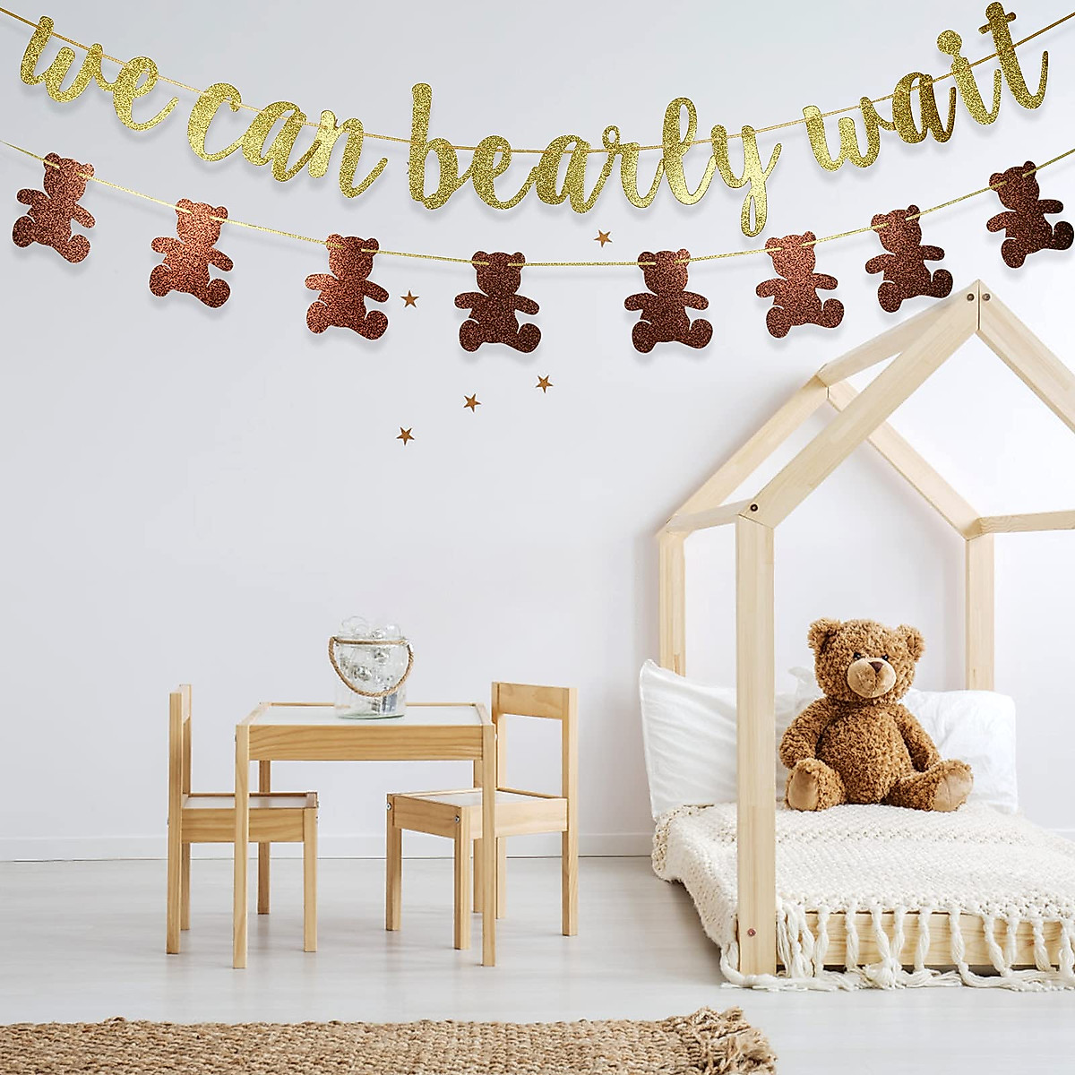 We Can Bearly Wait Glitter Banner, Baby Shower Decorations, Gender Reveal Party Supplies for Teddy Bear Theme Garland (Gold and Brown)