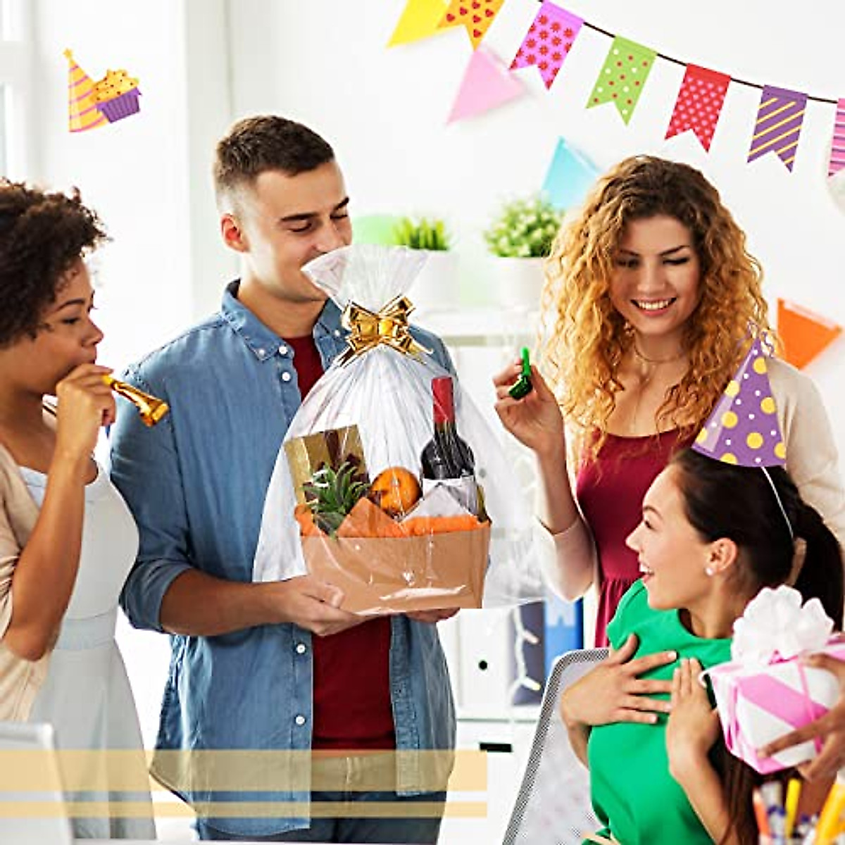 30 Pieces Baskets with Handle for Gifts Empty with Cellophane Basket Bags Tissue Paper Bows Ribbons Bulk Empty Gift Basket with Handles for Graduation Birthday Party Wedding Holiday