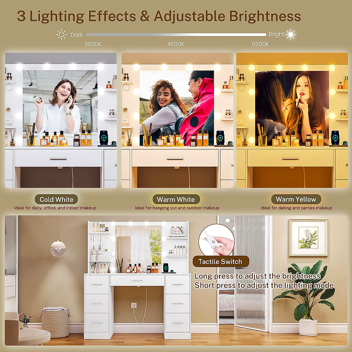 FIONESO Large Makeup Vanity, 43.3" Vanity Desk with Mirror and Lights, Makeup Vanity Table with 7 Drawers, 4 Shelves, 5 Jewel Hooks & Power Strip, Vanity Desk Set for Bedroom, White