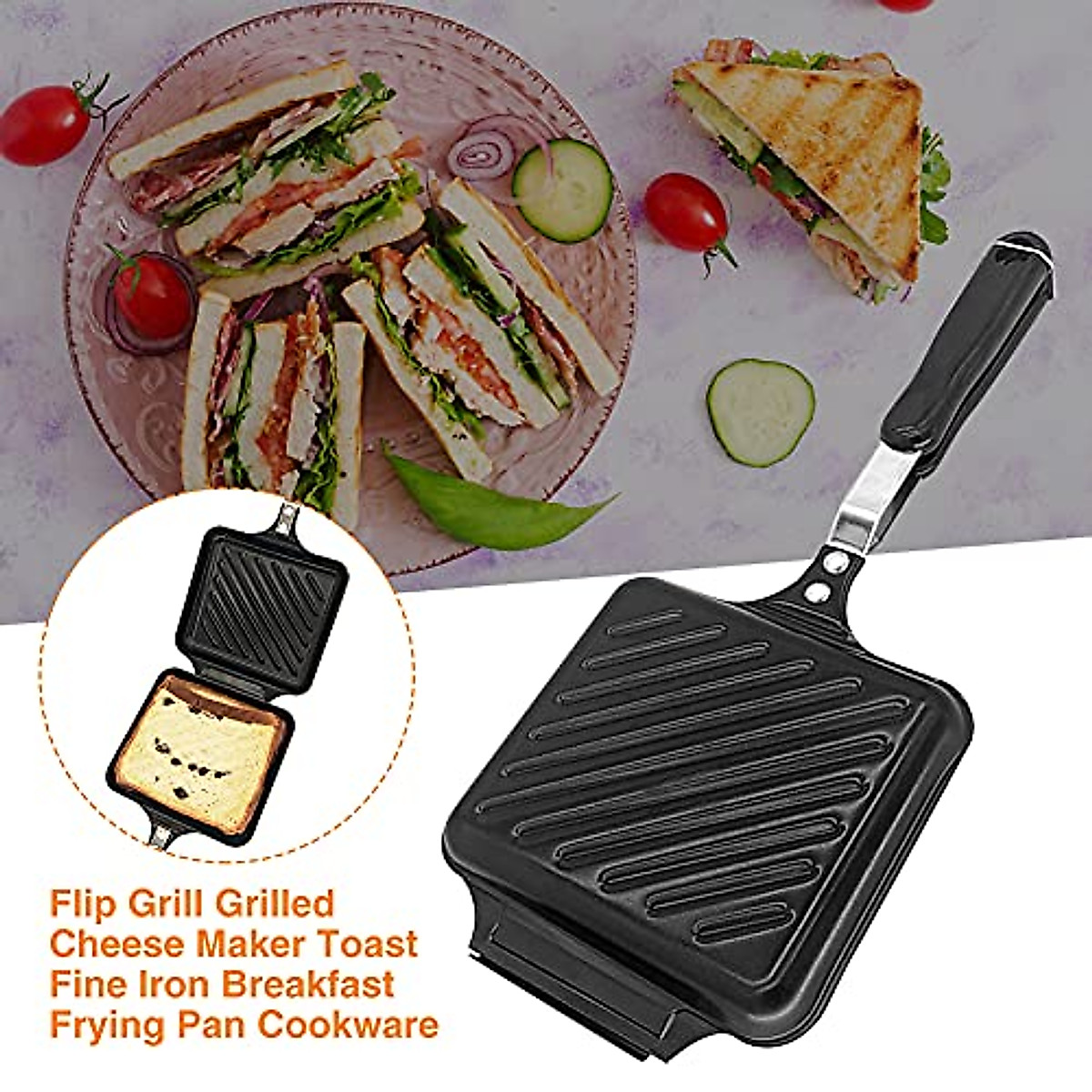 SYCOOVEN Sandwich Maker, Non-stick Grilled Sandwich and Panini Maker Pan with Handle, Double Sided Frying Pan Grilled Cheese Maker Flip Pan for Breakfast Toast Panini Waffle