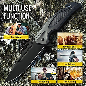 Jellas Pocket Knife for Men, 8Cr13Mov Tactical Knife, Folding Knife 440C Knife with Clip, EDC Knife, Knife for Fishing Hiking, Knives for Men and Women (Black)
