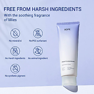 IOPE Face Wash, Moist Cleansing Whipping Foam, Daily Cleanser for Gentle Exfoliation, Makeup Remover for All Skin Types - Skin Hydration with Flower Extract - Korean Skin Care, 6.09 Fl Oz.