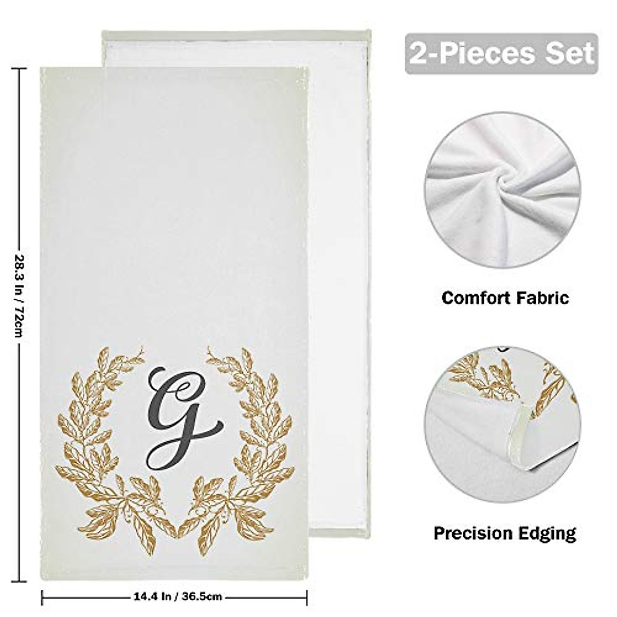 Oreayn Monogrammed Hand Towel for Bathroom Kitchen Beach Polyester Cotton Set of 2 Gold Leaves Wreath Fingertip Towel Soft Absorbent 28.3 x 14.4 Inch, Monogram Letter G