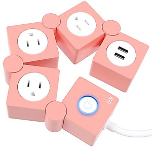 iJoy Flexible Power Strip- 3 AC Outlets and 2 USB Charging Ports with 5 Ft Extension Cord- 1250W/125V Decorative Surge Protector Outlet Extender for Home Office, Dorm, Room and More (Pink)