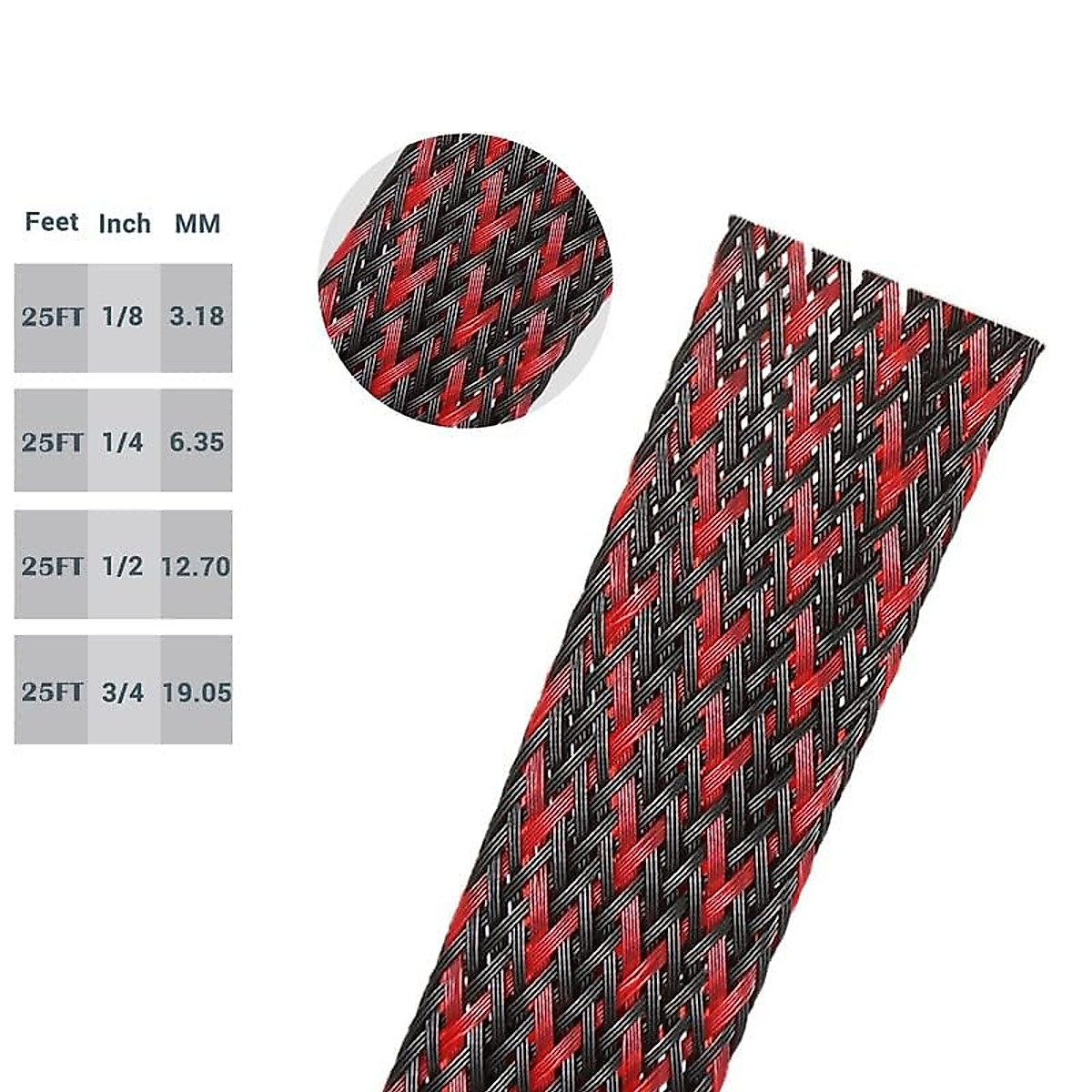 25ft - 1/2 inch Braided Cable Management Sleeve Cord Protector PET Expandable Braided Sleeving-Self-Wrapping Wire Loom for TV/Computer/Home Theater/Engine Bay - Black&Red