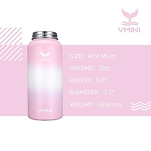 Vmini Water Bottle with New Wide Handle Straw Lid, Wide Mouth Vacuum Insulated 18/8 Stainless Steel, 4 Straws and 2 Brushes, 32 oz, Gradient Pink + White + Pink
