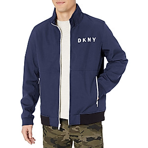 DKNY Men's Stand Collar Softshell Track Bomber Jacket, Navy, Large