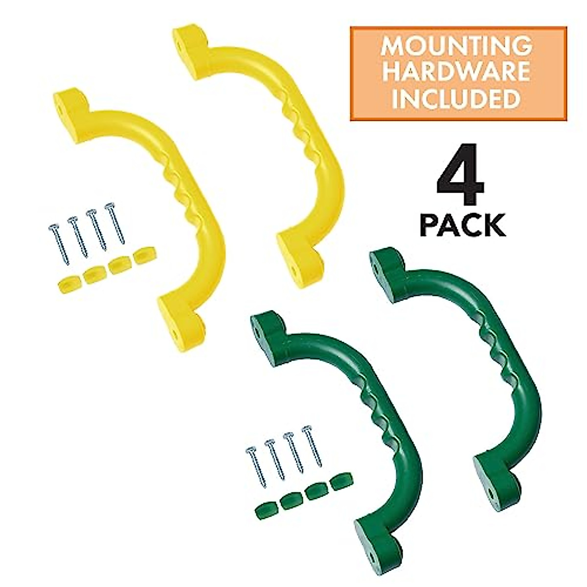 Playground Outdoor Swingset Safety Handle Accessories 4 Pack Color Combo Set – Set of 2 Green & 2 Yellow Grab Handle Safety Bars Equipment for Kids Jungle Gym, Tree House, Monkey Bars, and More