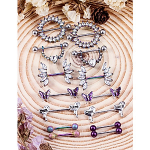 Cisyozi 14G Nipple Piercing Jewelry Nipple Rings for Women Purple Stainless Surgical Steel Nipple Shield Nipplerings Ring Barbell Bar Body Piercing Jewelry for Women 14mm