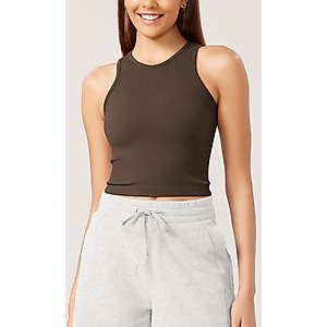 ODODOS 3-Pack Seamless Tank for Women Rib-knit Soft Sleeveless High Neck Tank Tops, Waist Length, Brunette+Clay+Mushroom, X-Small/Small