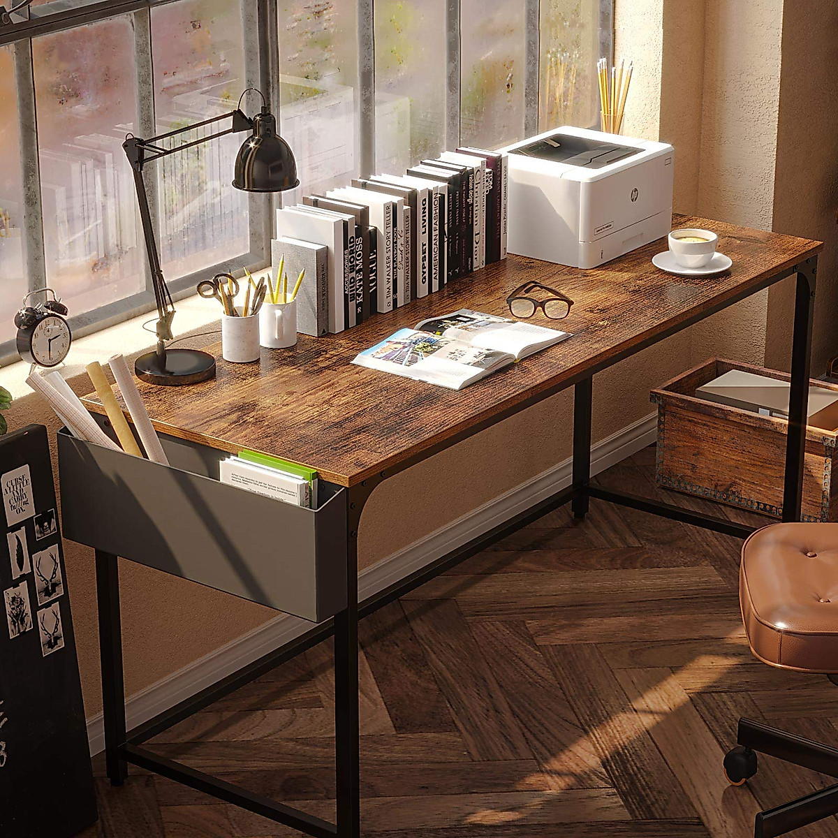 Rolanstar Computer Desk with Power Outlet, 63” Home Office PC Desk with USB Ports Charging Station, Desktop Table with Side Storage Bag and Iron Hooks, Stable Metal Frame Workstation, Rustic Brown