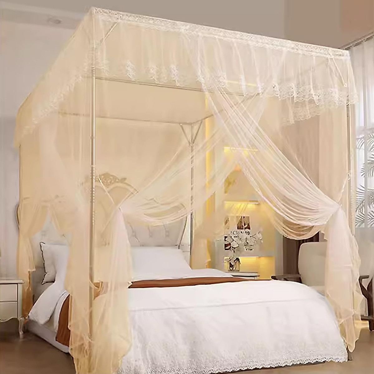 VELSKUD Canopy Bed Frame, Thicken Stainless Steel Bed Canopy Frame, Bed Post Poles 4 Corner Canopy for Metal Bed Mosquito Bed Poles Canopy Frame