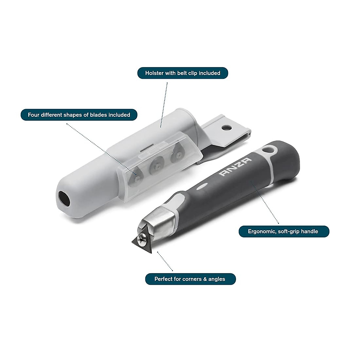 Anza ® | Scraper with razor sharp blades and convenient holster | Comfortable, ergonomic & versatile tool to scrape paint and clean intracate surfaces | 4 different shapes of blades included