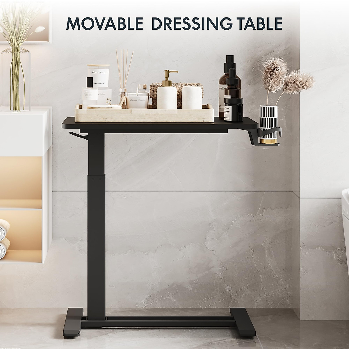 FLEXISPOT Medical Adjustable Overbed Bedside Table with Wheels Pneumatic Mobile Standing Desk Laptop Desk Rolling Computer Cart Movable Overbed Table Hospital Home Use(27.6" W x 15.7" D, Black Table)