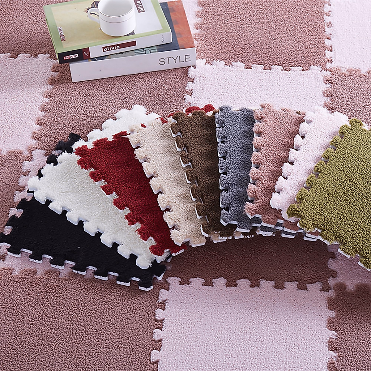 Funnyfuzzy Interlocking Carpet,Dog Blanket Soft Pet Bed Cover, Plush Foam mat, Shaggy Soft EVA Foam Mats Fluffy Area Rugs Protective Floor Tiles Exercise Play Mat for Kids Room Home Parlor Bedroom (C