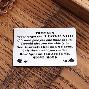 Personalized Engraved Wallet Insert Card for Son - I Love You - Graduation Birthday Christmas Deployment - Unique Message Metal Cards for Him from Mom Mather