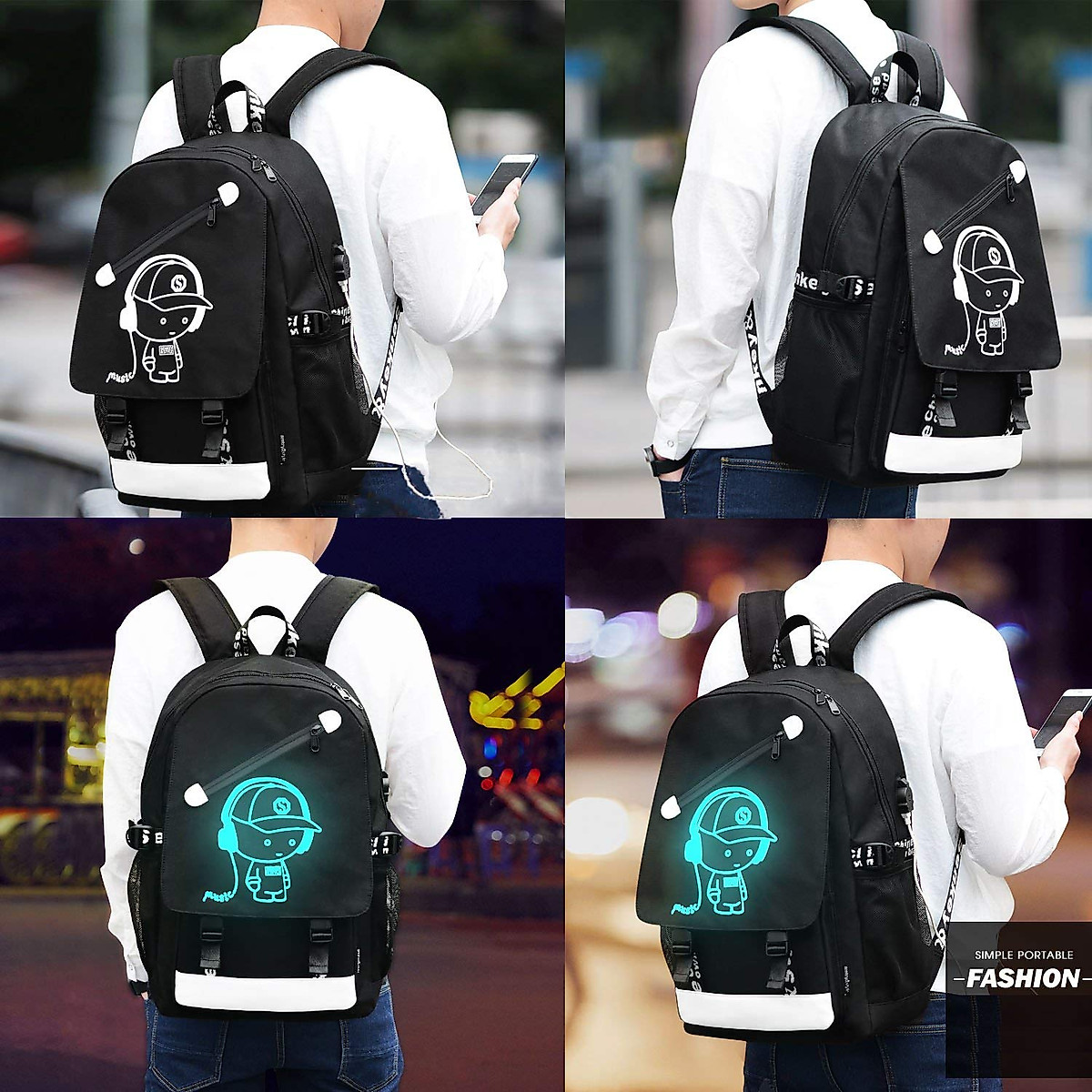 FEWOFJ School Backpack for Boys, Cartoon Luminous Bookbag 15.6inch Laptop Bag with USB Charging Port - Music Black
