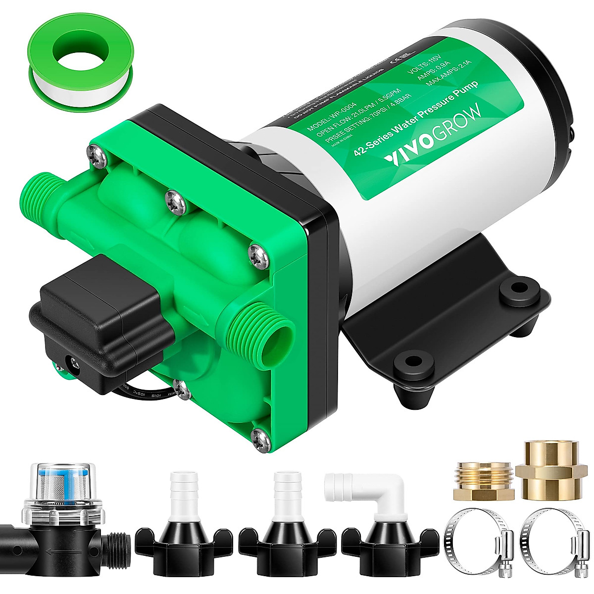 VIVOGROW Water Pressure Pump, 110V 5.5GPM 70 PSI Diaphragm Water Pump Include 1/2" and 3/4" Garden Hose Adapters, Power Plug for Bathrooms, Kitchens, RVs, and Yachts, Green