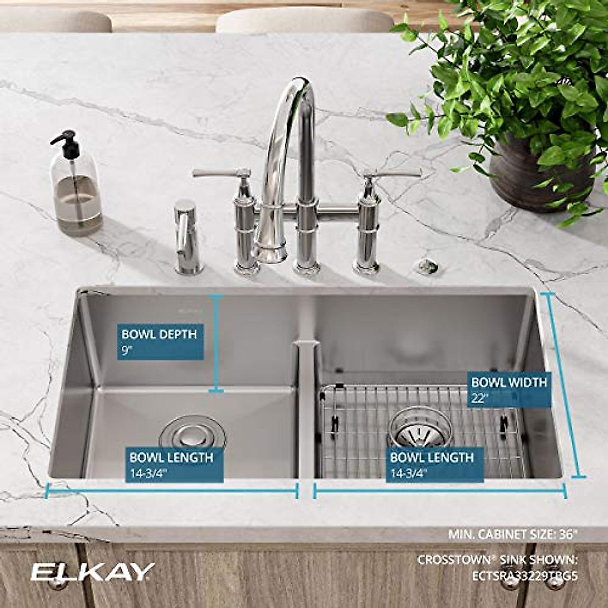 Elkay Crosstown ECTSRA33229TBG5 Equal Double Bowl Dual Mount Stainless Steel Kitchen Sink Kit with Aqua Divide