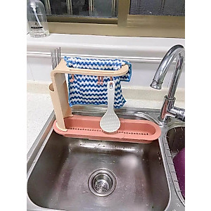 Telescopic Sink Holder, Adjustable Expandable Storage Drain Basket Rack, Sink Organizer Tray Sponge Soap Holder, Dish Cloth Hanger for Kitchen (Red-Peach)