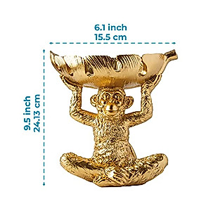 Adorable “Monkey” Candy Tray Made of Resin – Monkey Sculpture w/Split Leaf Dish for Snacks, Nuts, Candies & More – Decorative Holder w/Golden Finish for Keys or Jewelry – Ornament for Modern Decor