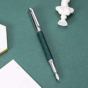 Hongdian 1843 Navigator Fountain Pen Fine Nib Solid Metal, Green Ripple Pattern with Refillable Converter and Metal Pen Case