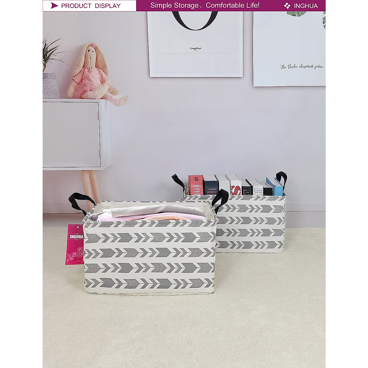 INGHUA 2 Packs Rectangular Storage Basket Fabric Organizer Bin for Toys,Books,Clothes,Gifts,Pets-Perfect for Home,Office,Nursery,Dorm,Shelf(Rec-2-Grey Arrow)
