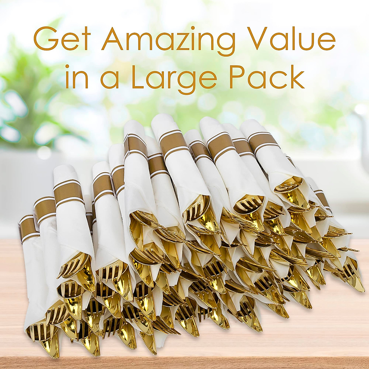50 Gold Wrapped Plastic Cutlery Set with Napkin - By Zulzzy- Individually Pre Rolled Gold Silverware Disposable Ideal for Parties, Weddings, 50 Forks, Spoons & Knives with White Napkins