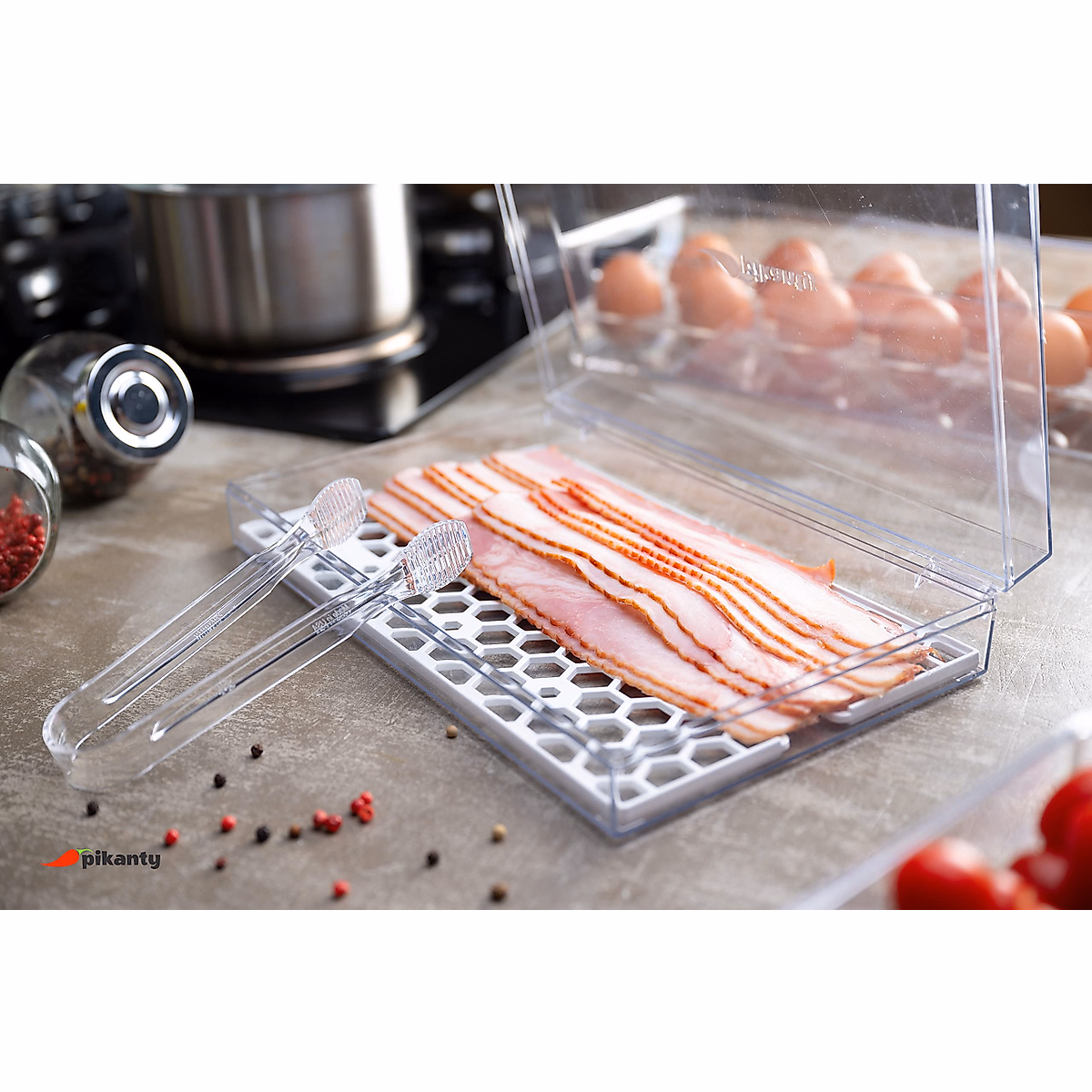 Pikanty - Bacon Container for Refrigerator | Fridge Storage and Deli Meat Keeper with Food Serving Tongs and Drain Plate | Dishwasher Safe | Made in USA
