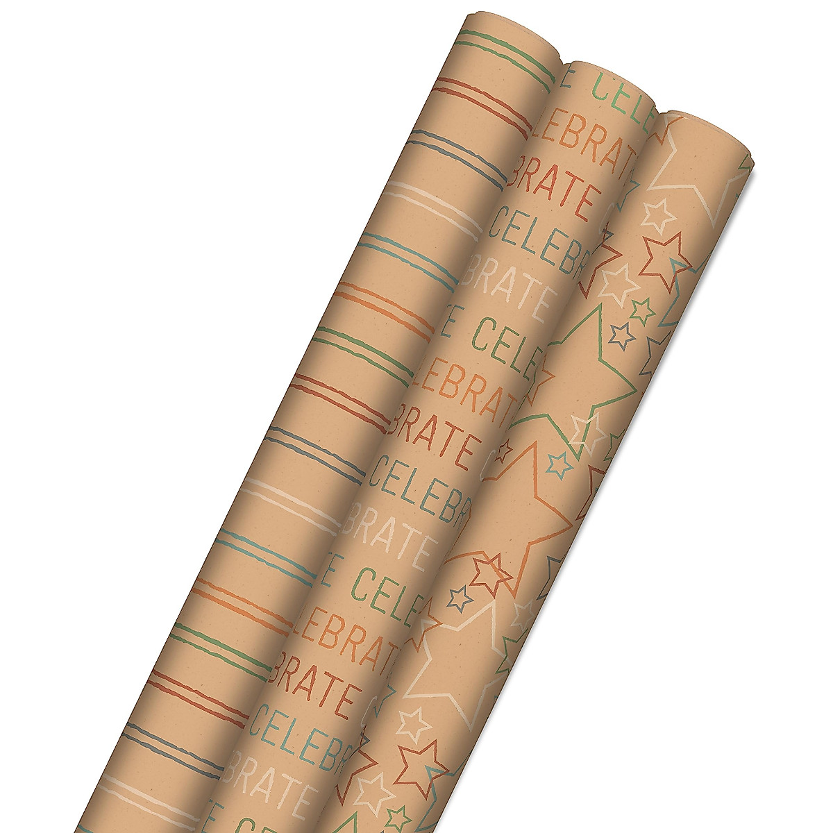 Hallmark Recyclable Wrapping Paper with Cutlines on Reverse (3 Rolls: 60 sq. ft. ttl) Rainbow Stripes, Celebrate, Stars on Kraft Brown for Birthdays, Graduations, Kids Parties