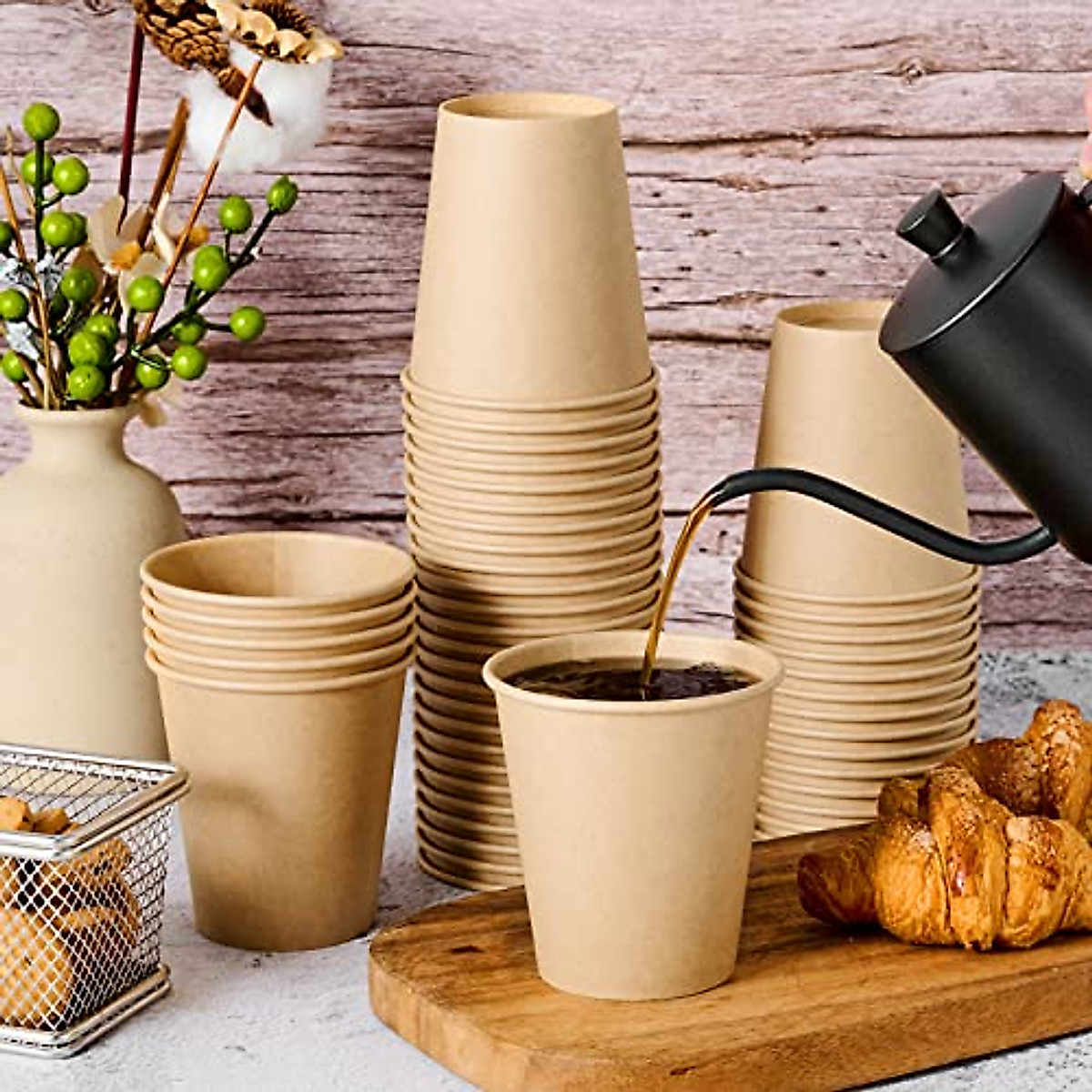 LITOPAK 100 Pack 10oz Kraft Paper Cups, Disposable Coffee Cups, Disposable Drinking Cups, Hot Coffee Cups, Paper Coffee Cups for Water, Coffee, Juice, and Tea.