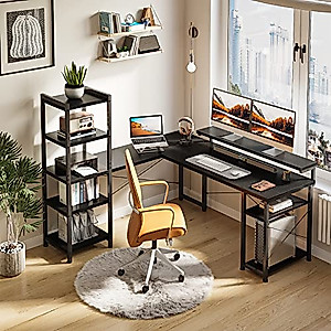 ODK L Shaped Desk with Monitor Stand, 61 Inch Home Office Desks with Storage Printer Shelves, Reversible Corner Gaming Desk with Bookshelf for Bedroom, Black