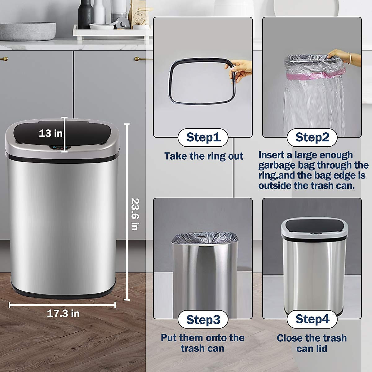 13 Gallon 50 Liter Garbage Can Automatic Kitchen smart motion sensor Trash Motion Sensor Automatic Closure & Opening Touchless Garbage Bin Anti-fingerprint Mute Designed Trash Bin for Office Bedroom Bathroom (Silver2)