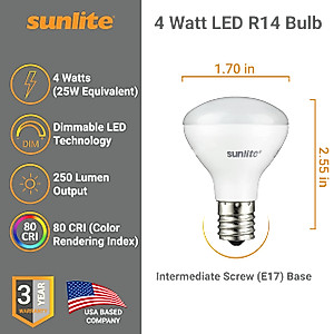 Sunlite 80425 LED R14 Mini Reflector Floodlight Light Bulb, 4 Watts (25W Equivalent), 250 Lumens, Intermediate (E17) Base, Dimmable, ETL Listed, 3000K Warm White, 1 Count