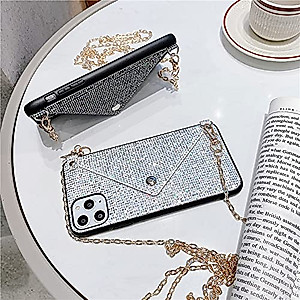 Wow Case Series Compatible with iPhone 13 Pro Max Case 6.7 Inch Released 2021, with Card Holder, Crossbody Chain, Shockproof Protective Bumpers Phone Cover Defender (Glitter Shining White Silver)