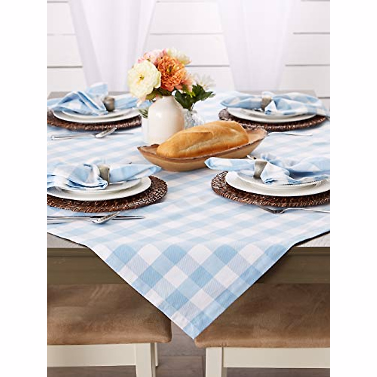 DII Buffalo Check Collection, Classic Farmhouse Tablecloth, Tablecloth, 70" Round, Light Blue & White