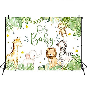 Mocsicka Boy Safari Baby Shower Backdrop Oh Baby Jungle Animals Photography Background Vinyl Zoo Animal Green Leaves Photo Booth Banner Supplies (7x5ft)