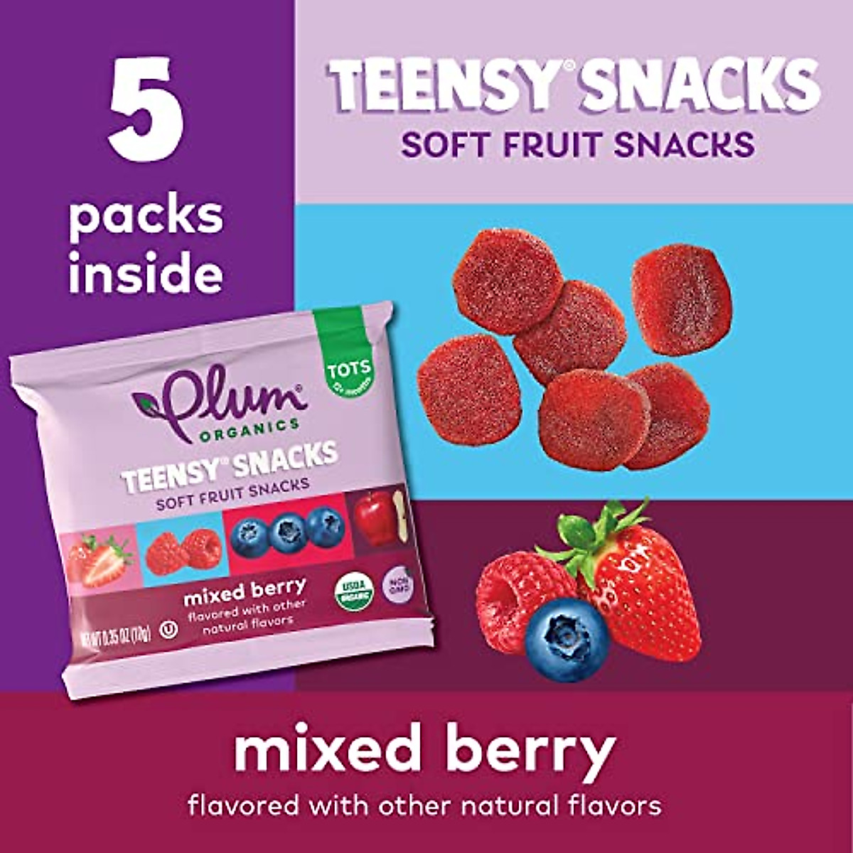 Plum Organics Teensy Snacks Soft Fruit Snacks - Mixed Berry - 0.35 oz Bags (Pack of 5) - Organic Toddler Food Fruit Snacks