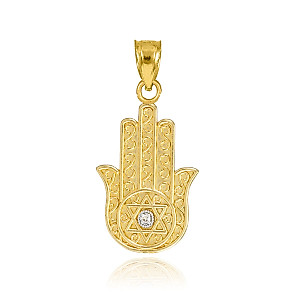 14k Yellow Gold Diamond Star of David Protection Charm Jewish Hamsa Pendant