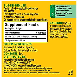 Nature Made Vitamin K2 100 mcg, Healthy Bone Supplements, 30 Softgels, 30 Day Supply
