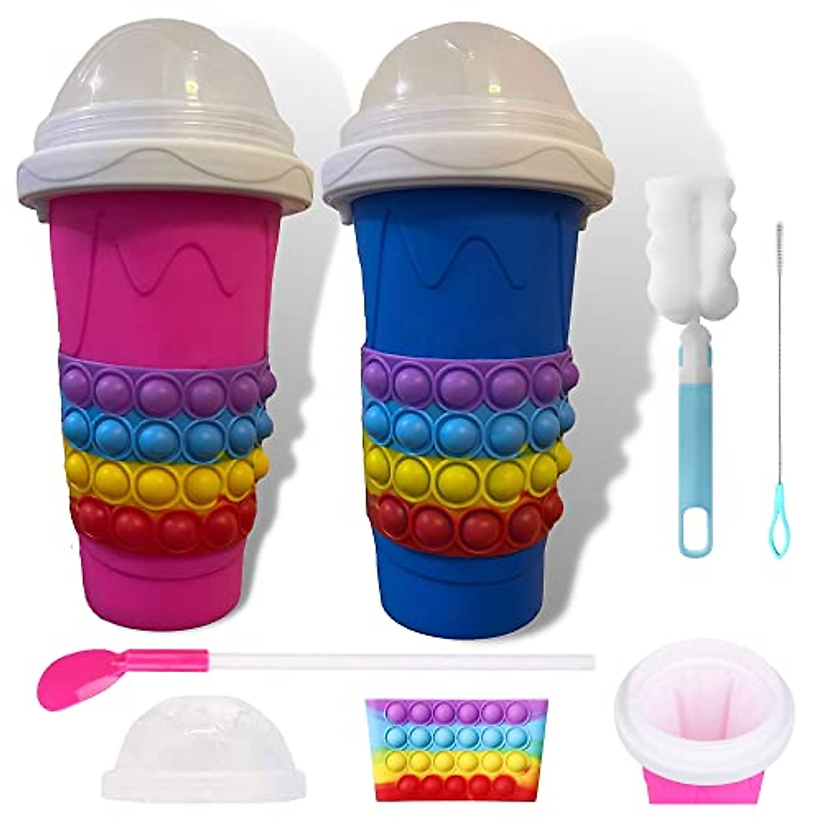 Pink Instant Slushie Cup,1 Pack Slushy Cup Maker Tiktok, Slush Squeeze Cup for Quick Diy with Straw Spoon, Cup Brush, Straw Brush, & Pop-It Cup Sleeve