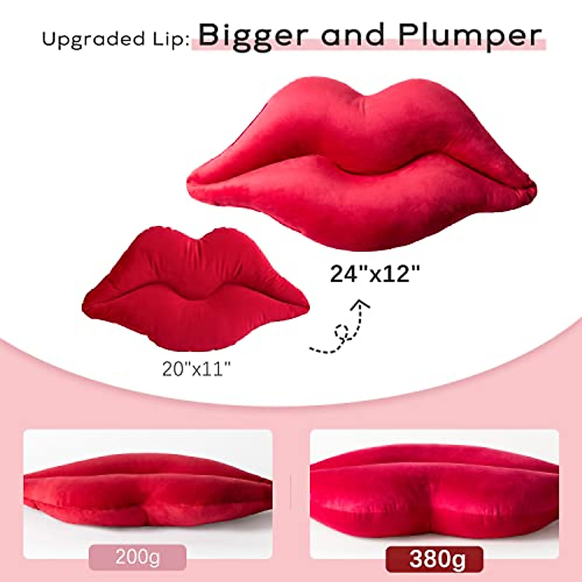 Ashler 3D Lips Throw Pillows Smooth Soft Velvet Insert Included, Lip Shaped Pillow for Bed Living Room, New Red, 24 X 12 inches