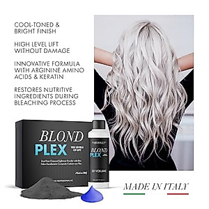 HAIR BAR NYC Blond Plex Extreme 10X Lightener + 30 Volume Anti-Yellow Violet Developer Kit - Black/Charcoal Dust-Free Hair Bleach with Keratin & Bond Building, Cool-Toned, Bright Finish Kit 60g/2.11oz